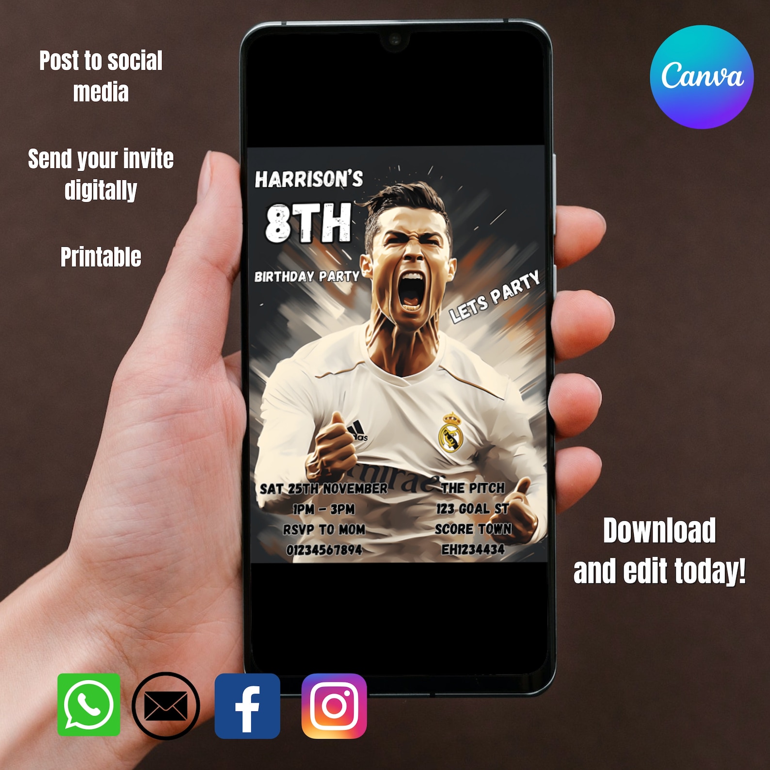 Cristiano Ronaldo Birthday Invitation: Football Soccer Theme (digital ...