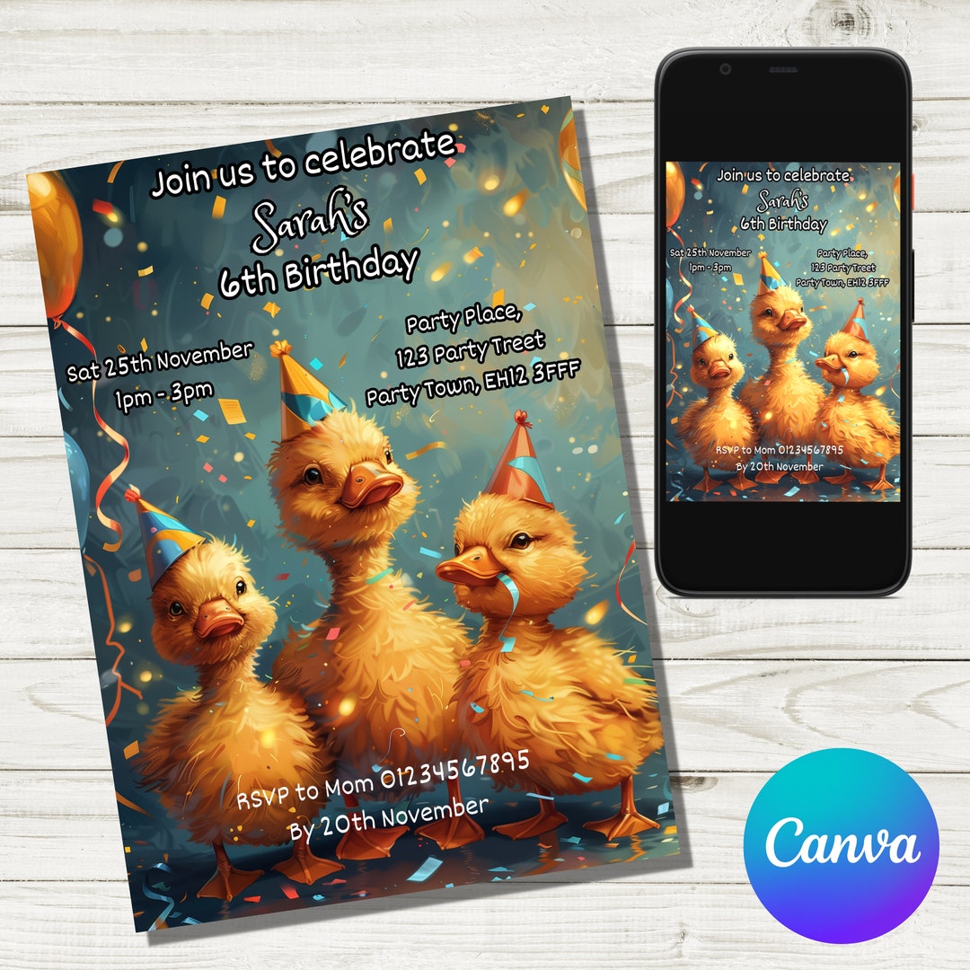 Editable Duckling Birthday Invitation, Duck Birthday Invitation, 1st ...