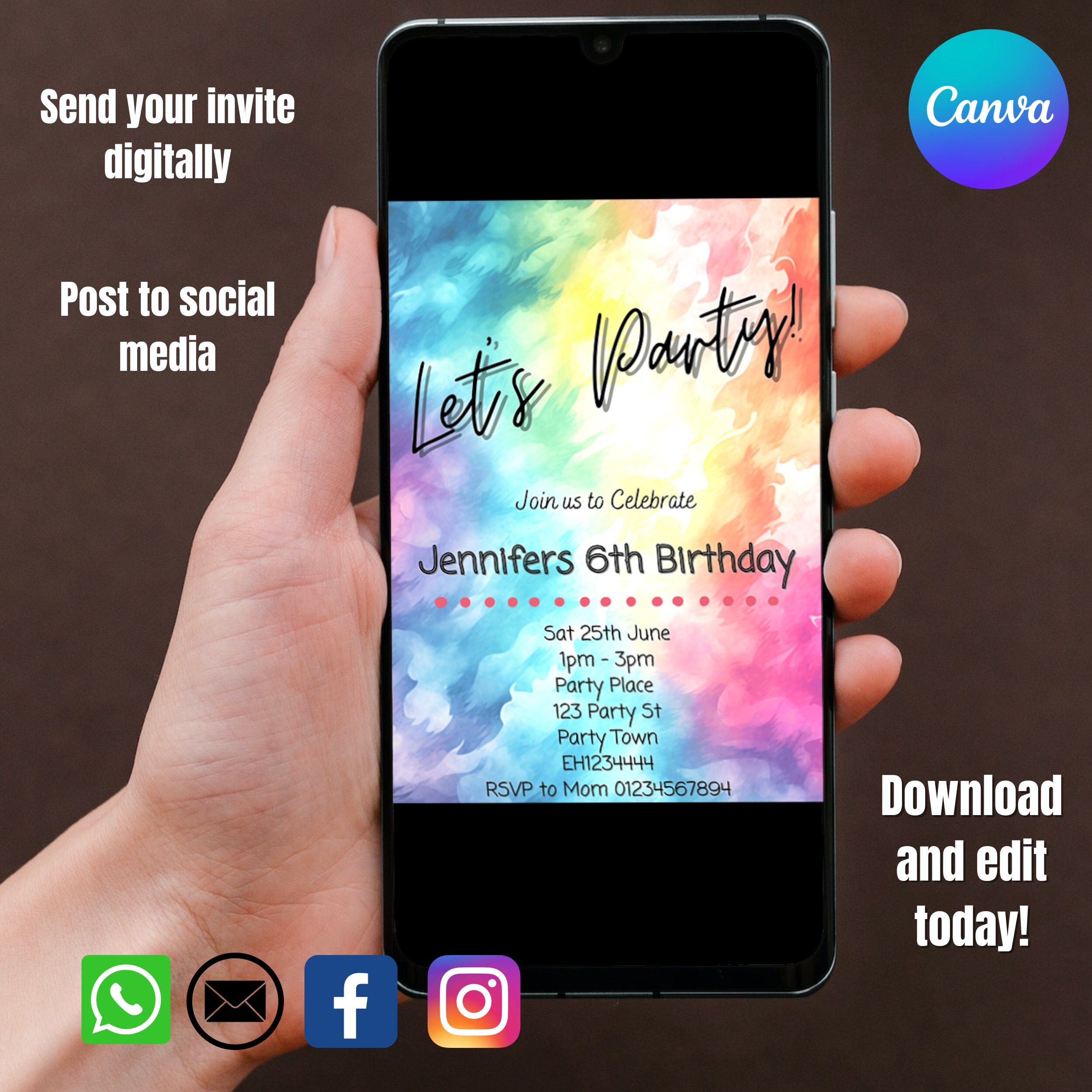 Editable Colorful Birthday Invitation, Rainbow Birthday Invitation ...