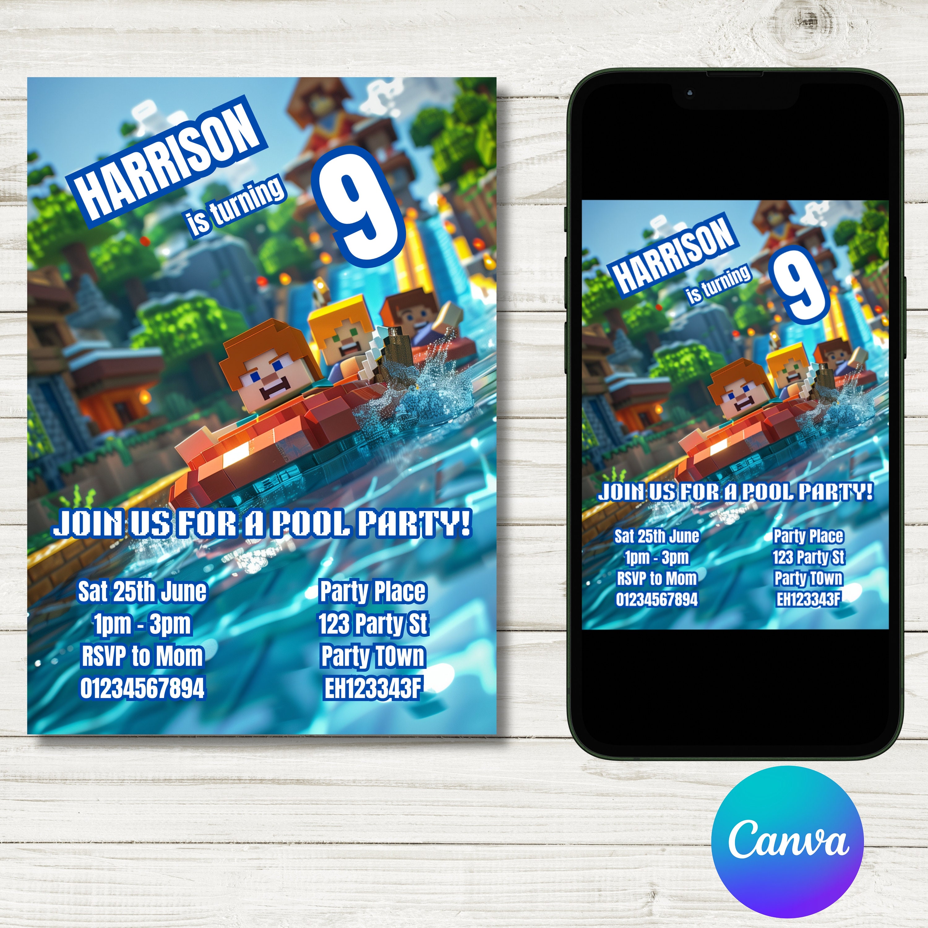 Editable Minecraft Theme Pool Party Invitation, Pool Party Birthday ...