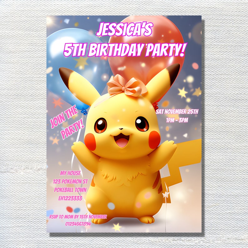 Girls Pikachu Birthday Invitation, Pikachu Birthday Invite, Pokemon ...