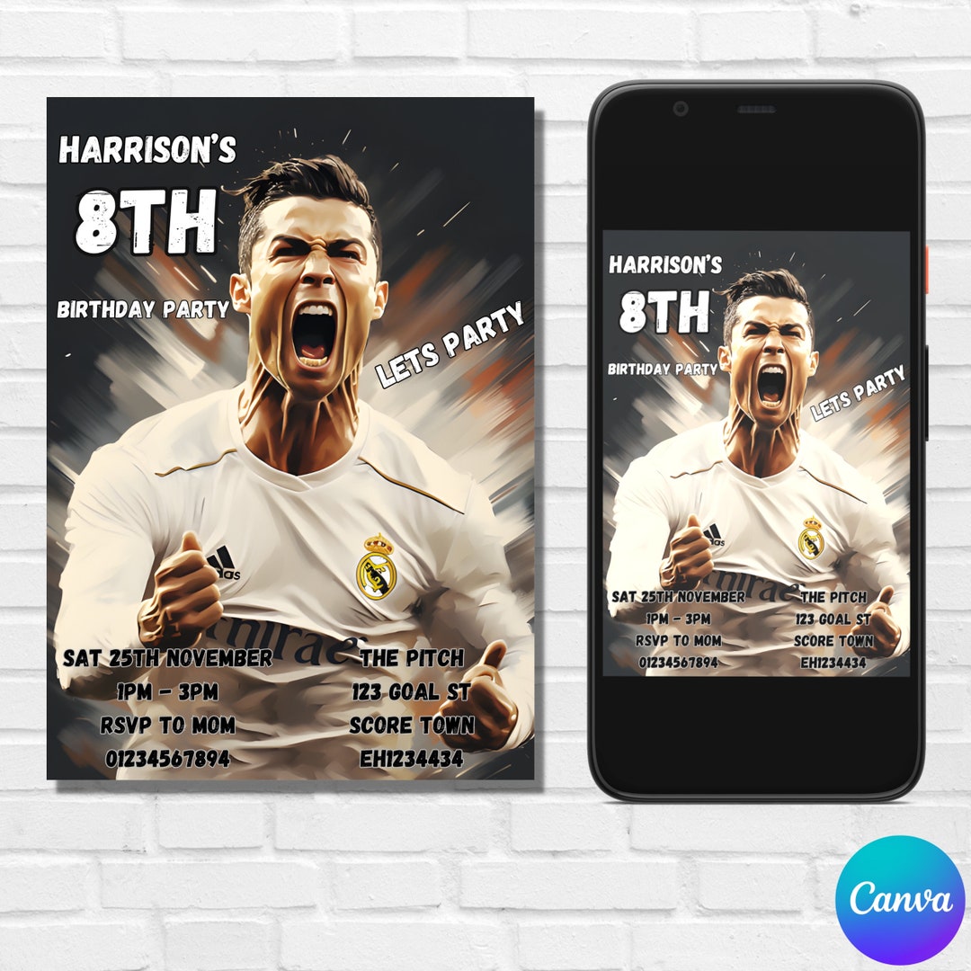 Cristiano Ronaldo Birthday Invitation, Ronaldo Invitation, Football ...