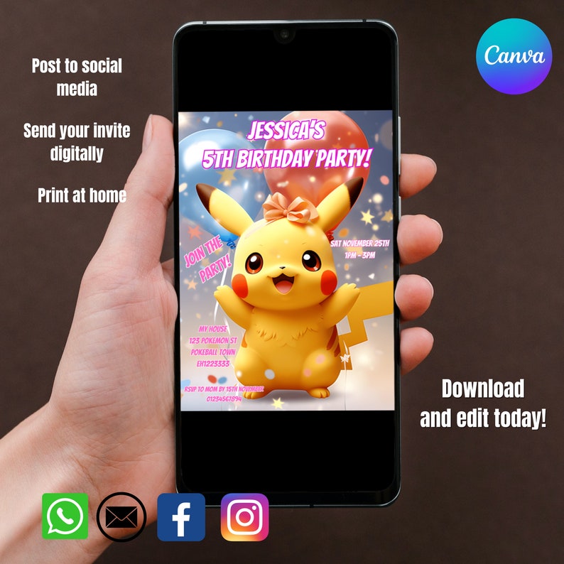 Girls Pikachu Birthday Invitation Pikachu Birthday Invite - Etsy