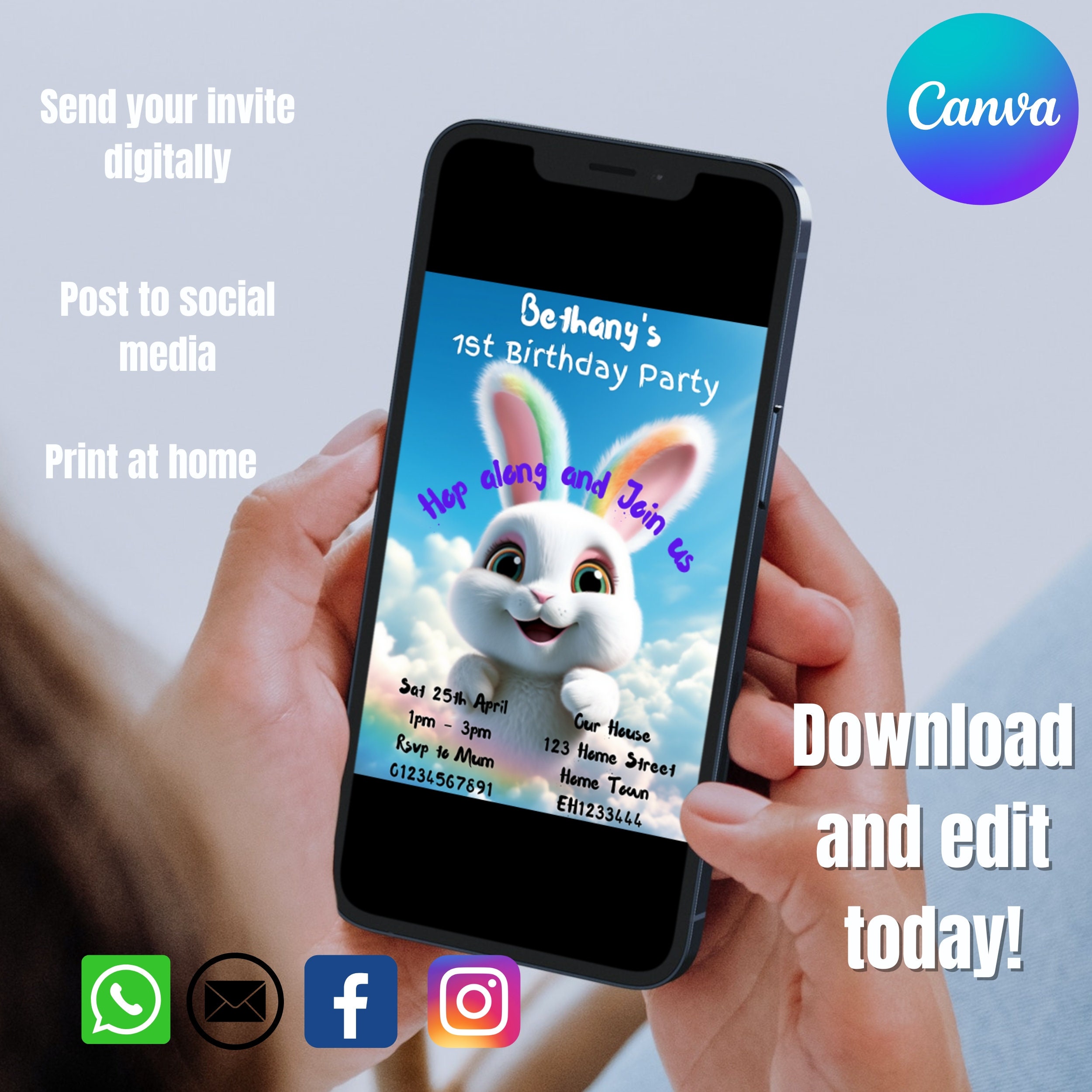 Bunny Invitations/ Bunny 1st Birthday Invitation/ Editable Invitation ...