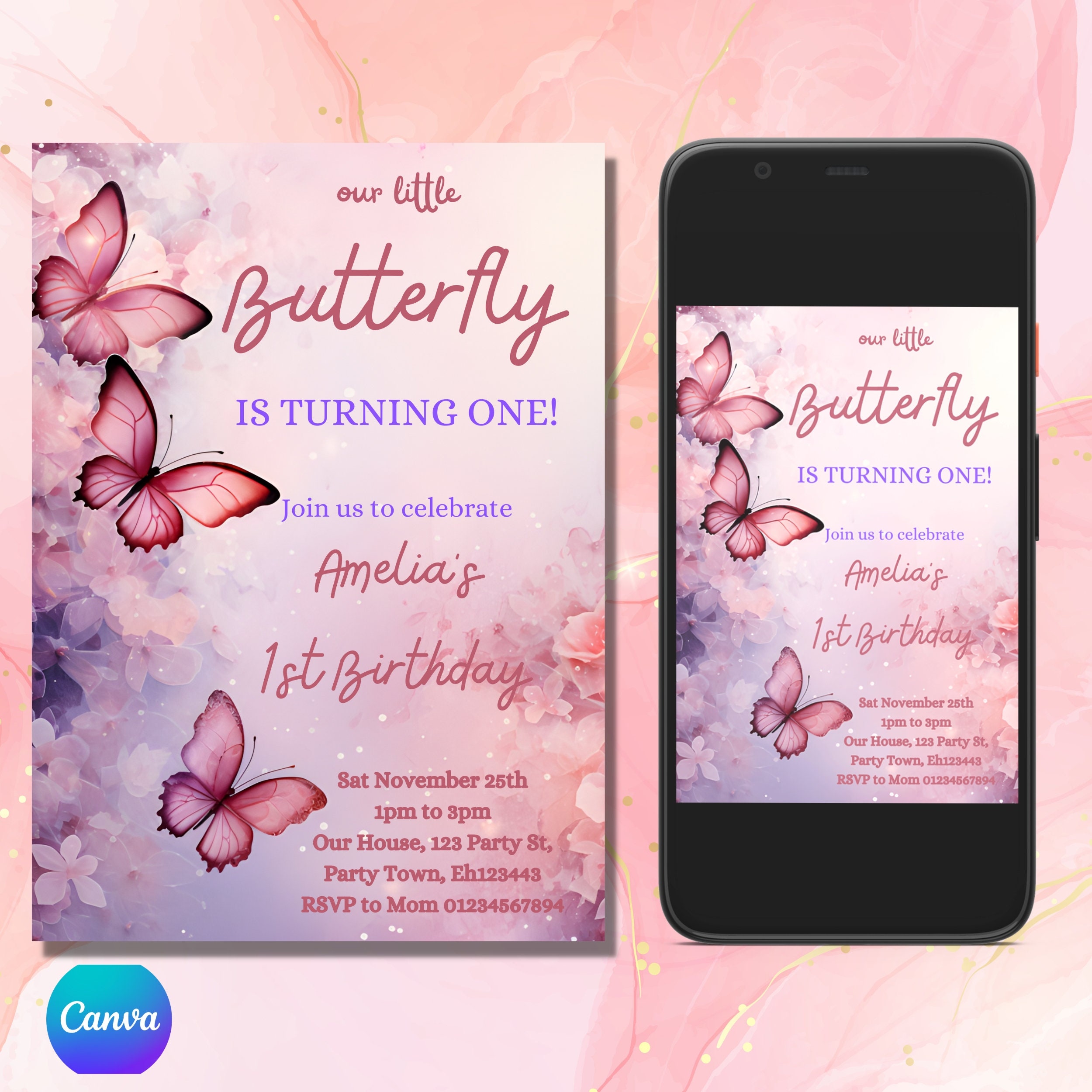 Butterfly Birthday Invitation, First Birthday, Purple Butterfly, 1st ...