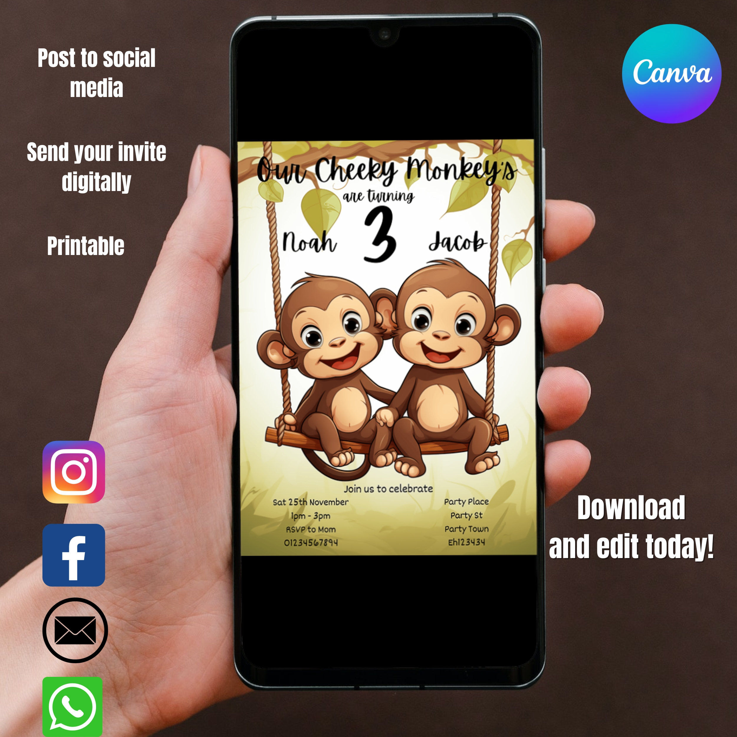 Editable Cheeky Monkeys Joint Birthday Invitation (digital) - Etsy ...