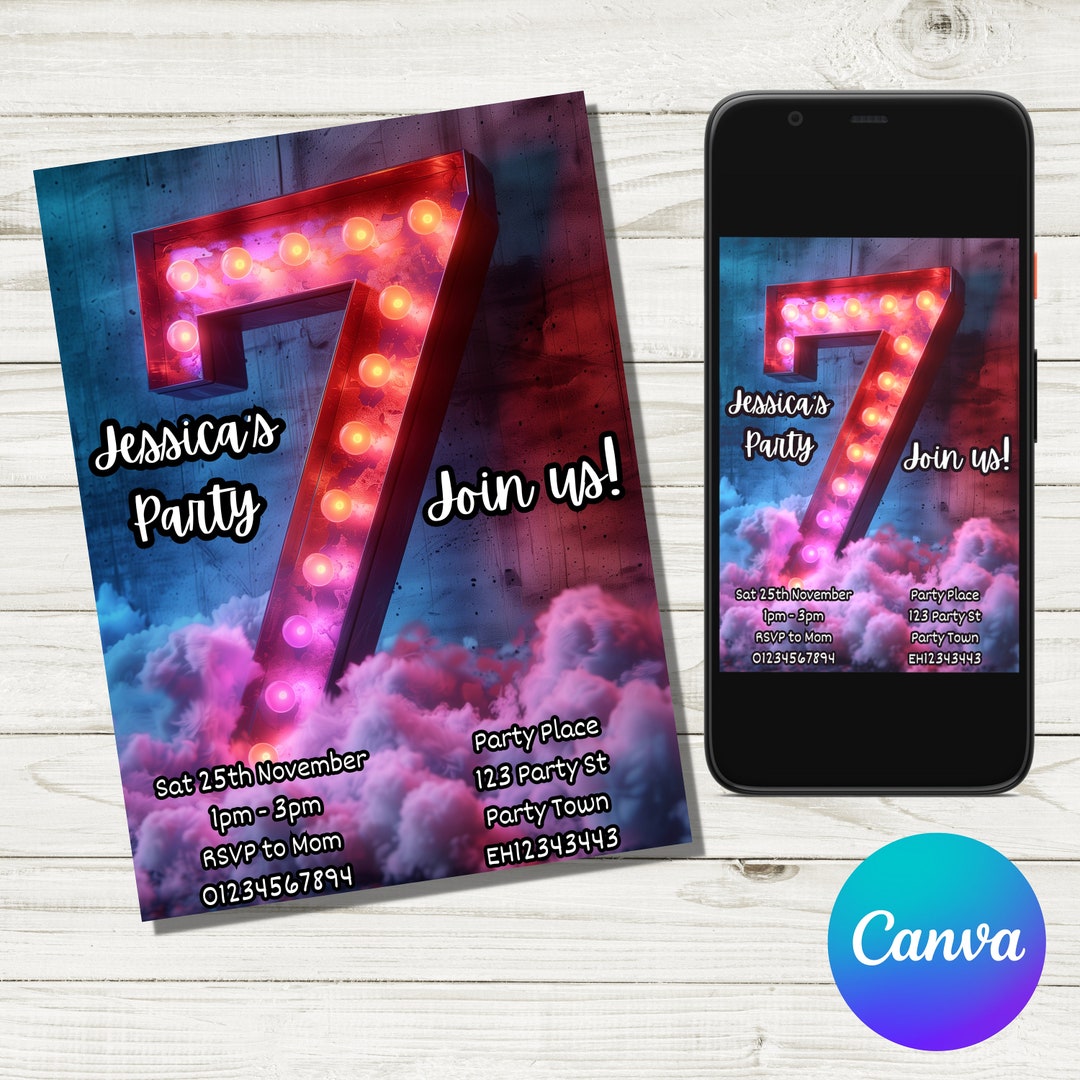 Editable 7th Birthday Invitation, 7th Birthday Party Invite, 7 Year Old ...