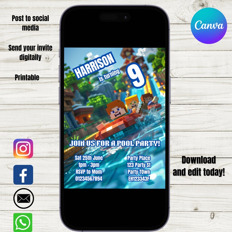 Editable Minecraft Theme Pool Party Invitation, Pool Party Birthday ...