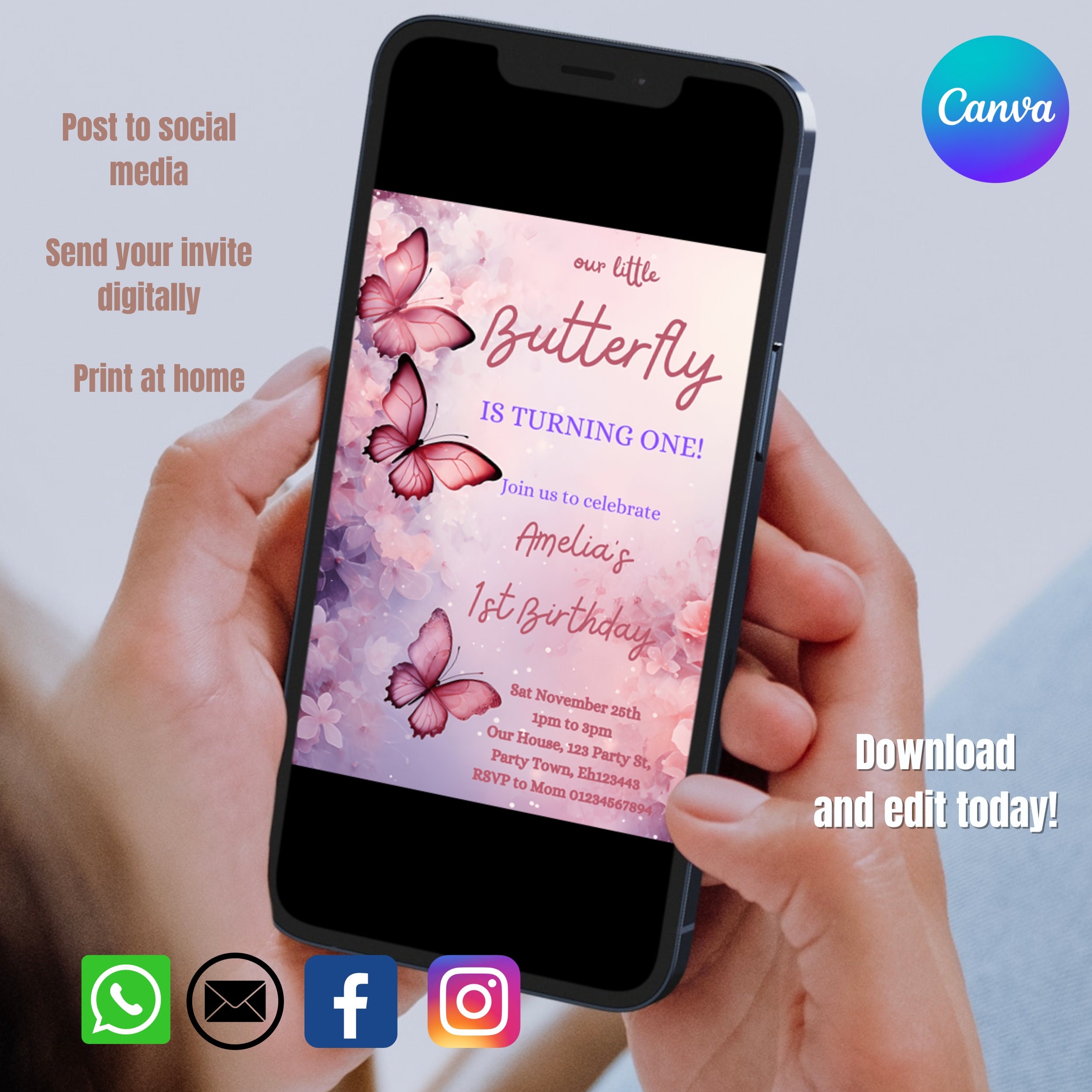 Butterfly Birthday Invitation, First Birthday, Purple Butterfly, 1st ...