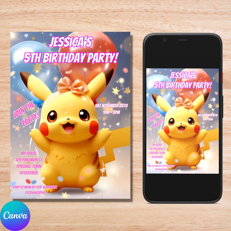 Invitación de cumpleaños de Pikachu para niñas invitación de - Etsy México