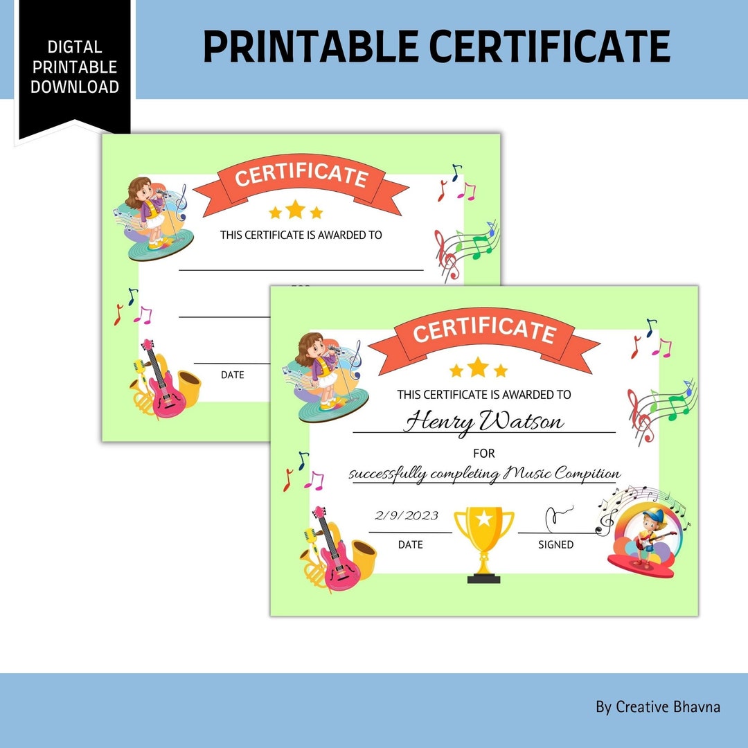 Printable Singing Certificate Kids Award Participation - Etsy