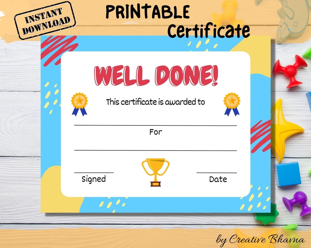Printable Certificate Well Done Certificate of Achievement - Etsy