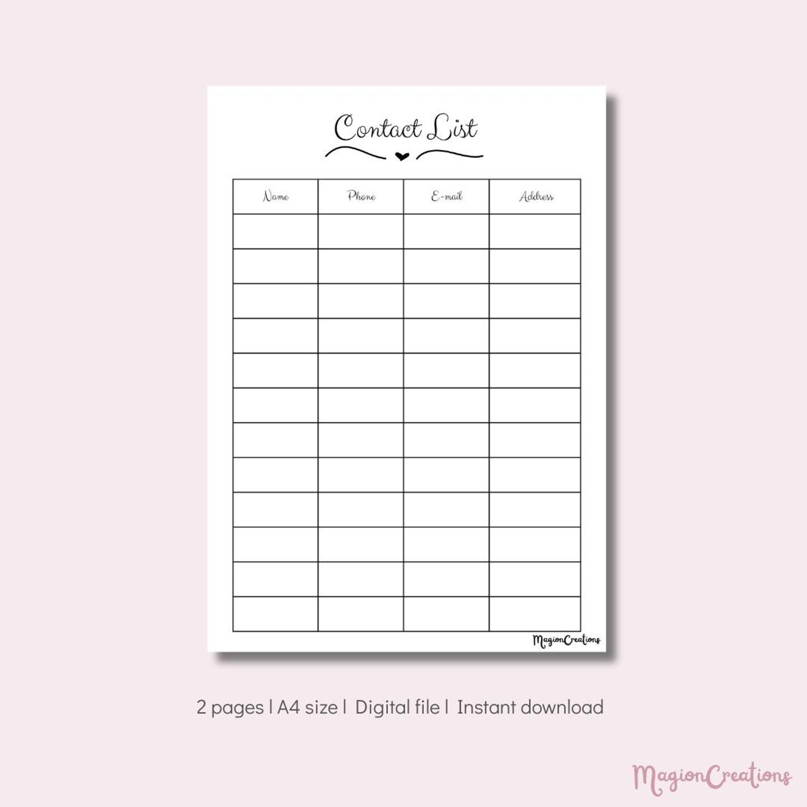 Printable Contact List, Minimalist Design - Etsy