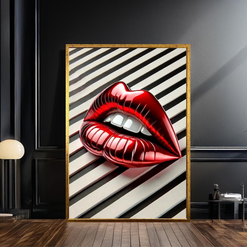Abstract Lips Pop Art Canvas – Black & White Striped Wall Decor - Etsy UK