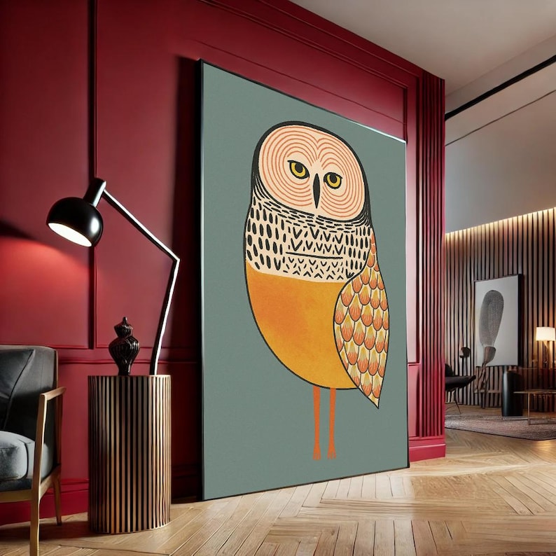 Golden Owl Canvas Print, Mid Century Modern Scandinavian Wall Art - Etsy