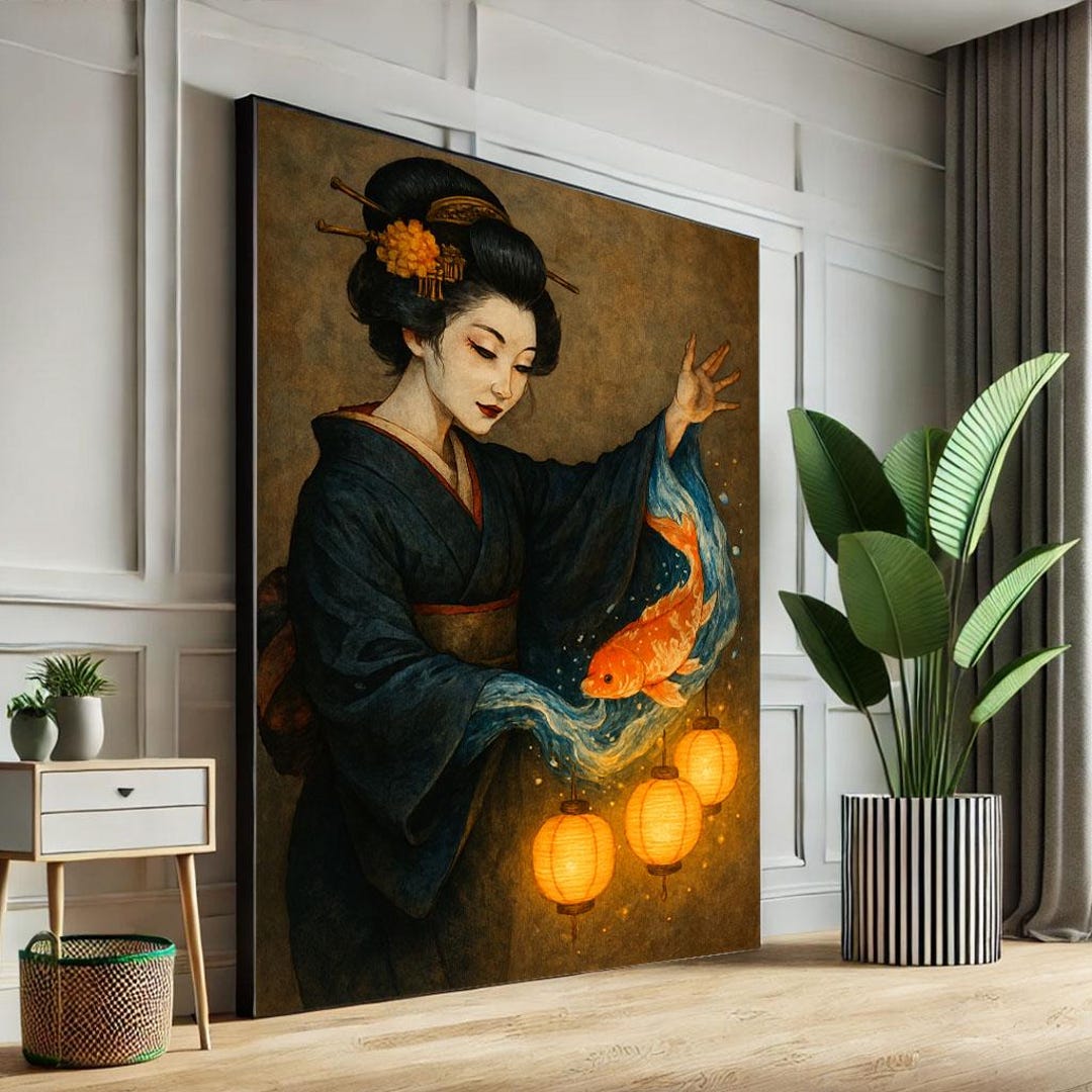 Geisha & Koi Fish Canvas Print, Japanese Living Room Wall Art - Etsy