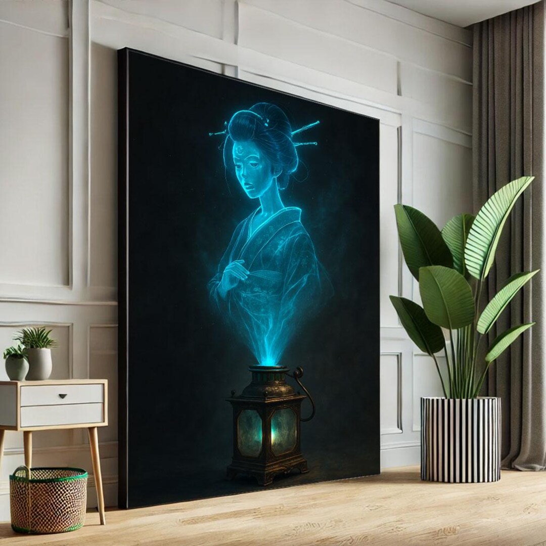 Ethereal Geisha Canvas Wall Art Print Neon Blue Oriental Fantasy Living ...