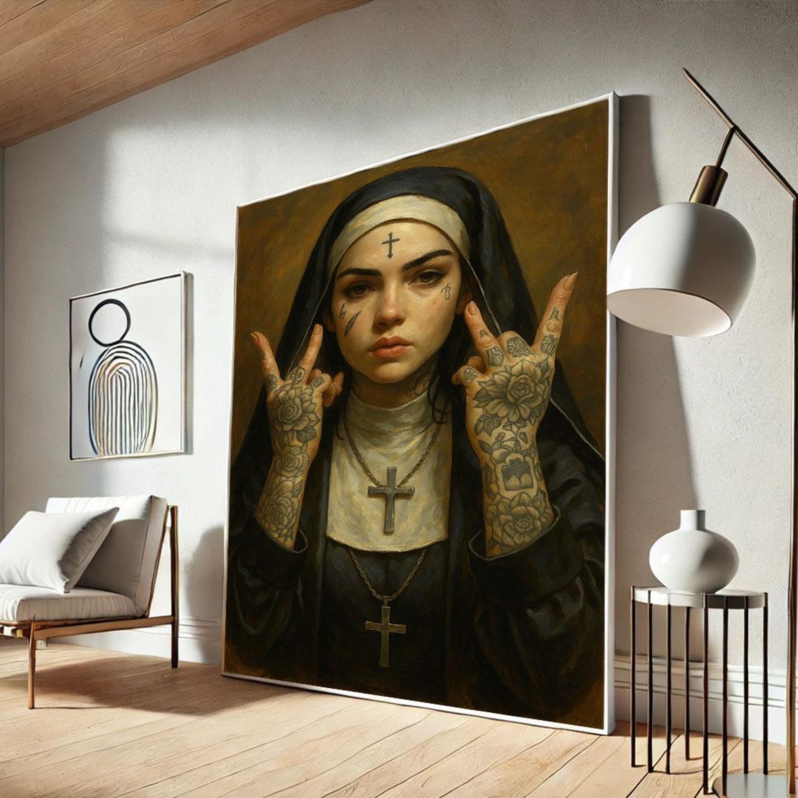 Edgy Tattooed Nun Portrait Canvas Wall Art Print Gothic Living Room ...