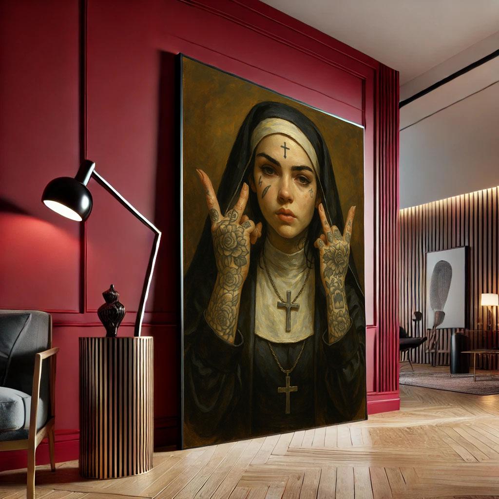 Edgy Tattooed Nun Portrait Canvas Wall Art Print Gothic Living Room ...