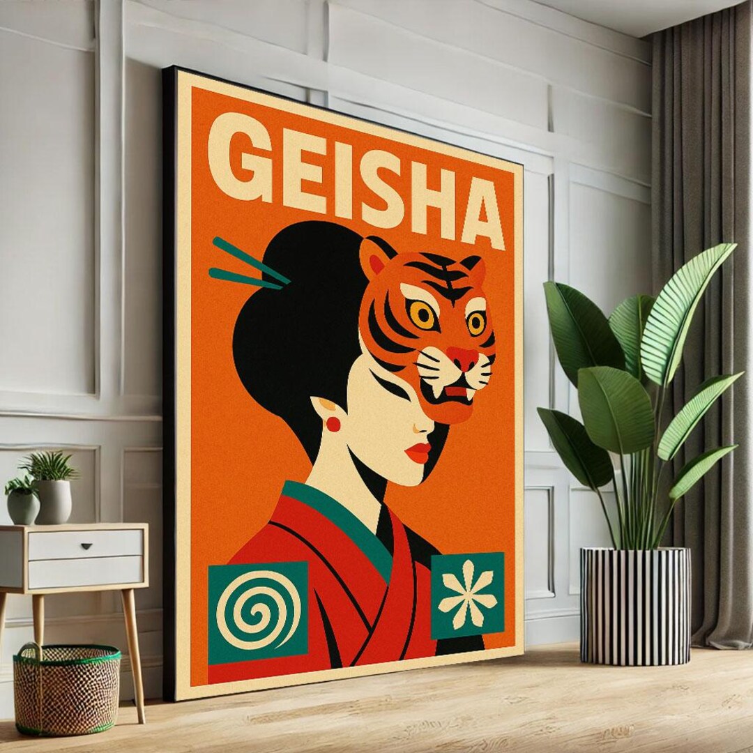 Japanese Geisha Tiger Mask Art Print, Retro Decor - Etsy