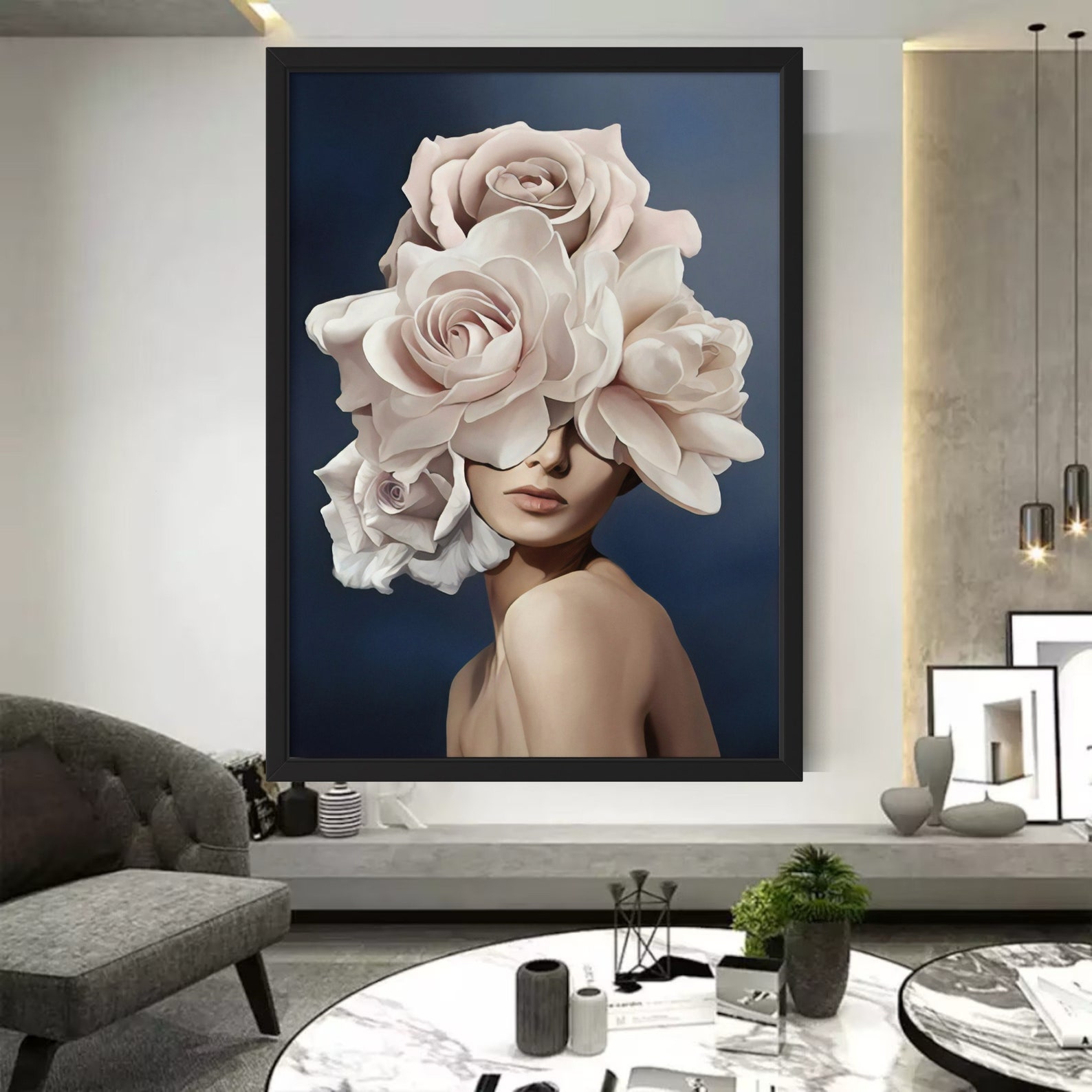 Flower Head Woman Framed Canvas, Woman Floral Portrait, Flower Head ...