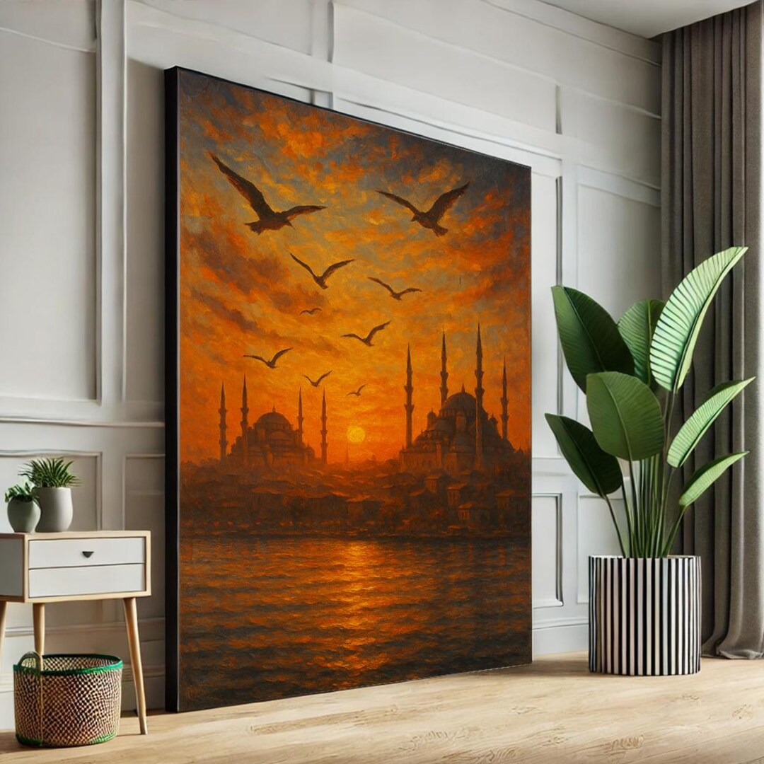 Istanbul Sunset Canvas, Mosque Silhouette Wall Art, Turkish Landscape ...