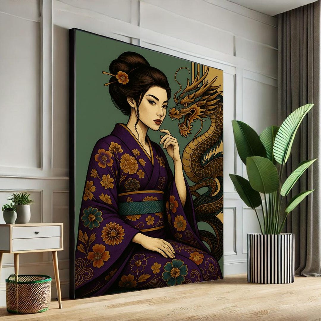 Japanese Geisha With Dragon Canvas Wall Art Print Elegant Oriental ...