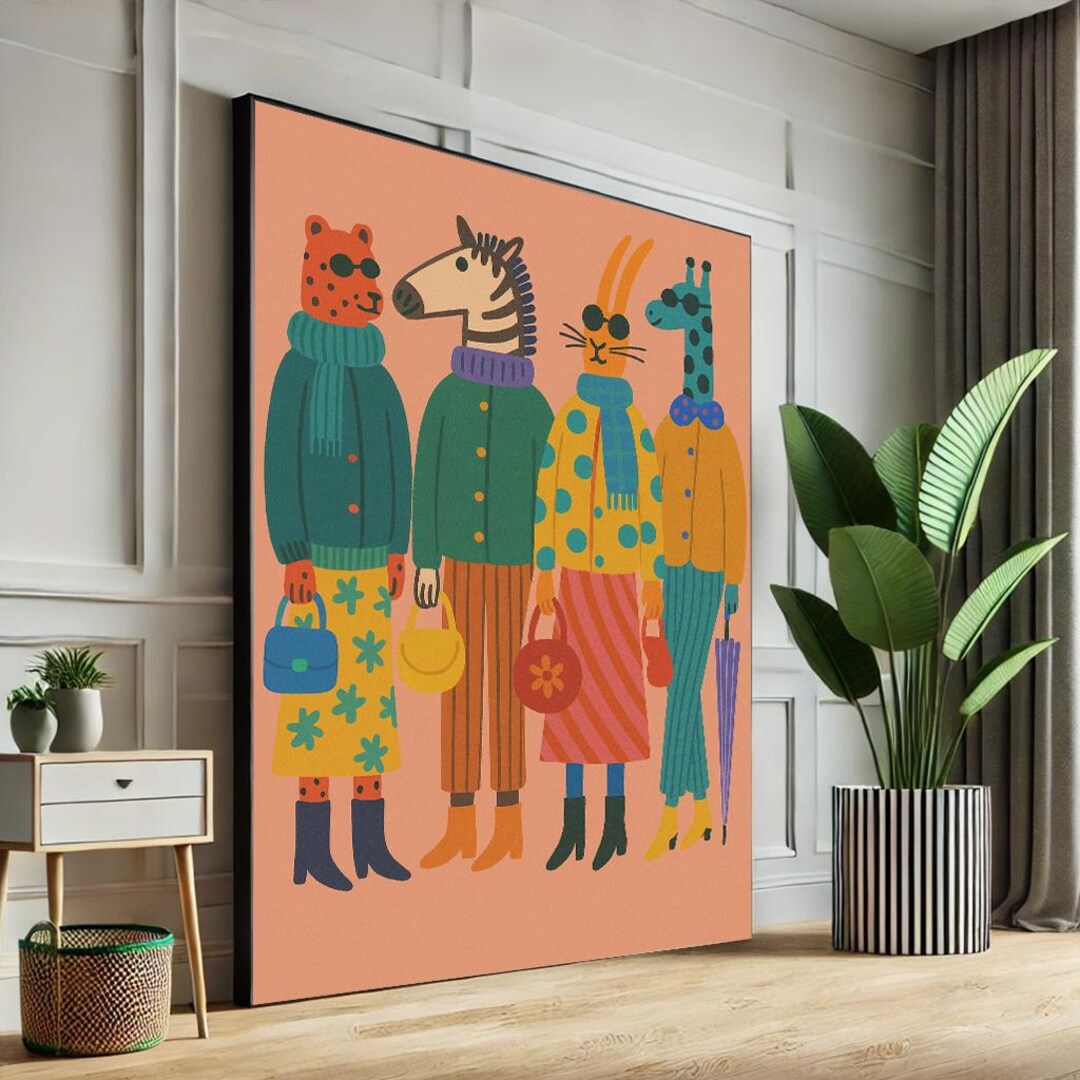 Fashion Animals Illustration Print, Whimsical Animal Canvas Art, Funny ...