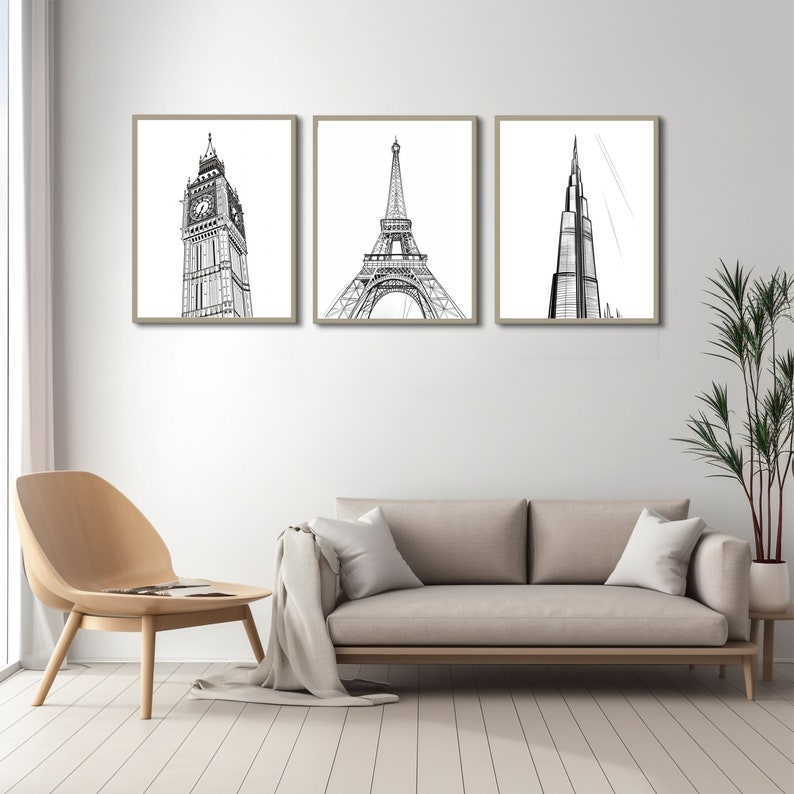 Boho Wall Line Art Print Set of 6 Landmark Architecture for Decor ...