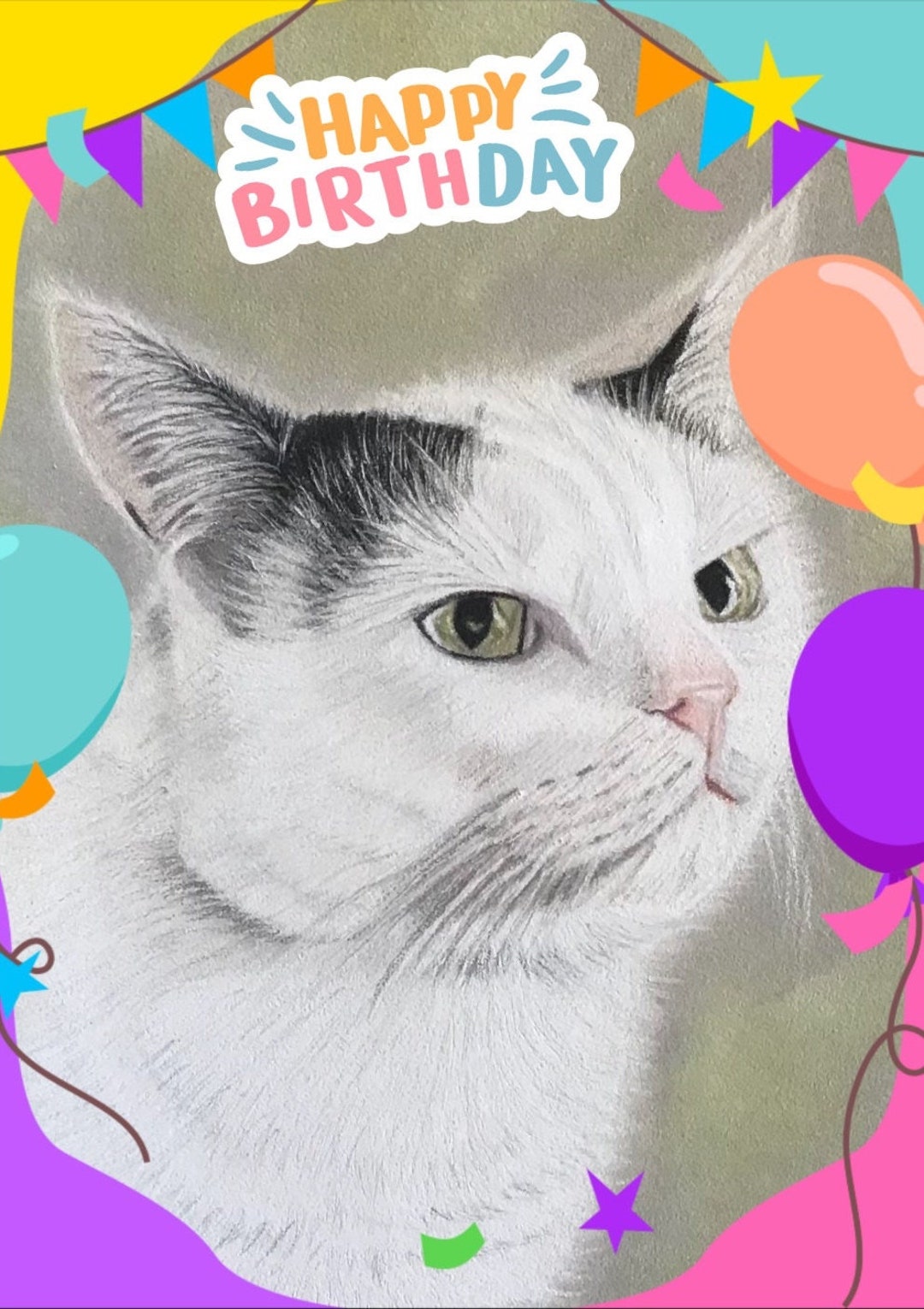 White Cat Birthday Card, Custom Pet Portrait Card, Card for Cat Lover ...