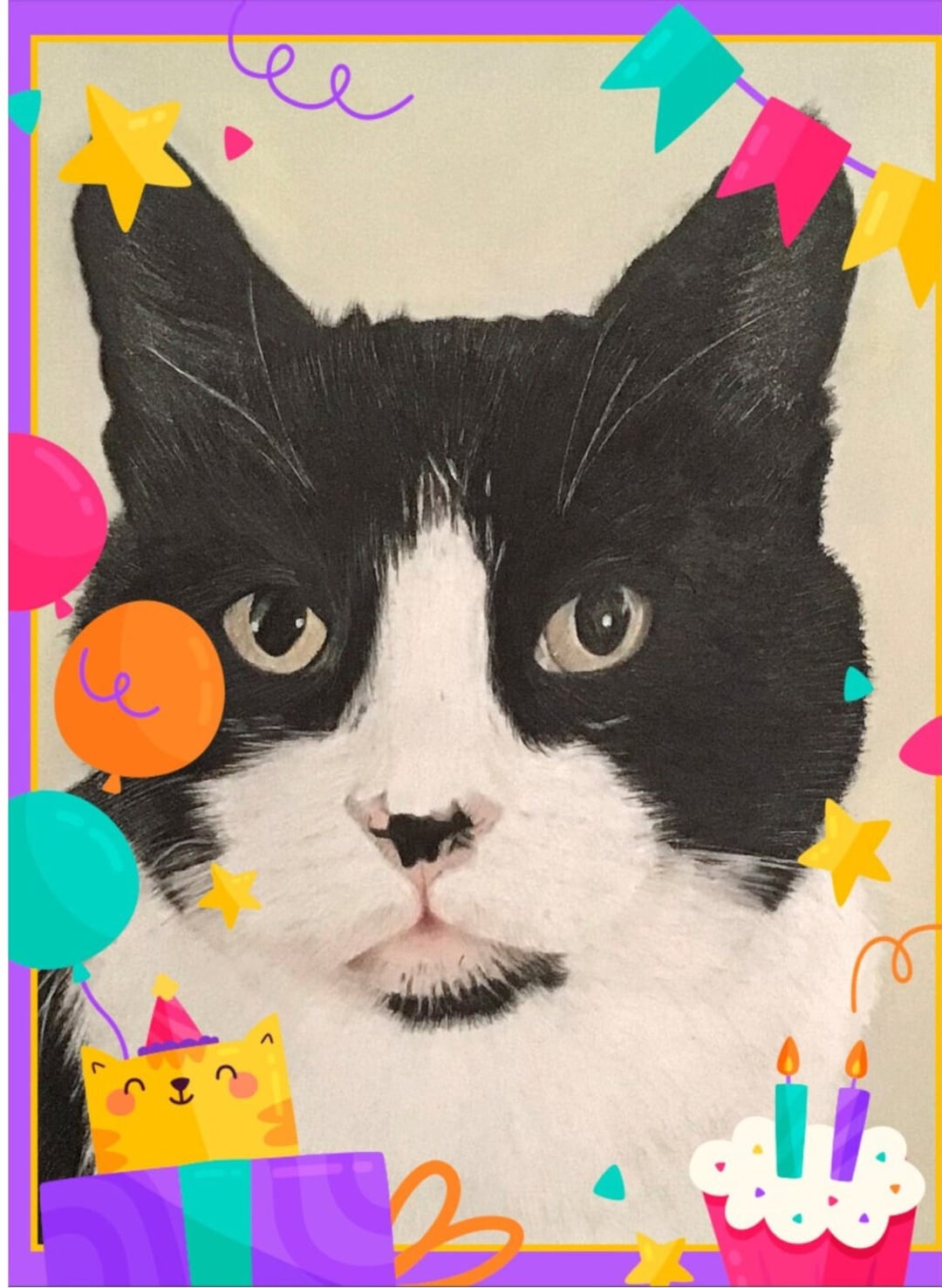 Black and White Cat Birthday Card, Custom Pet Portrait Cards, Cat ...