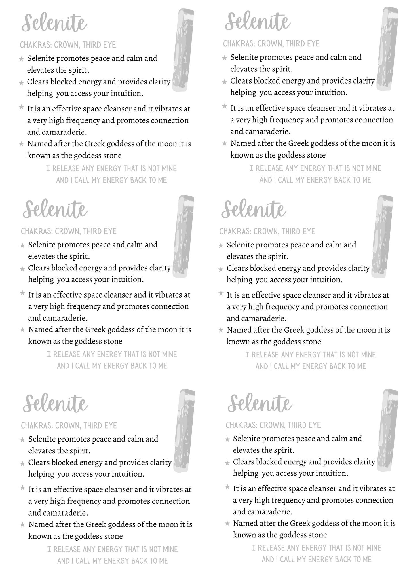 Watercolour Selenite Crystal Info Card Digital Printable, Selenite ...