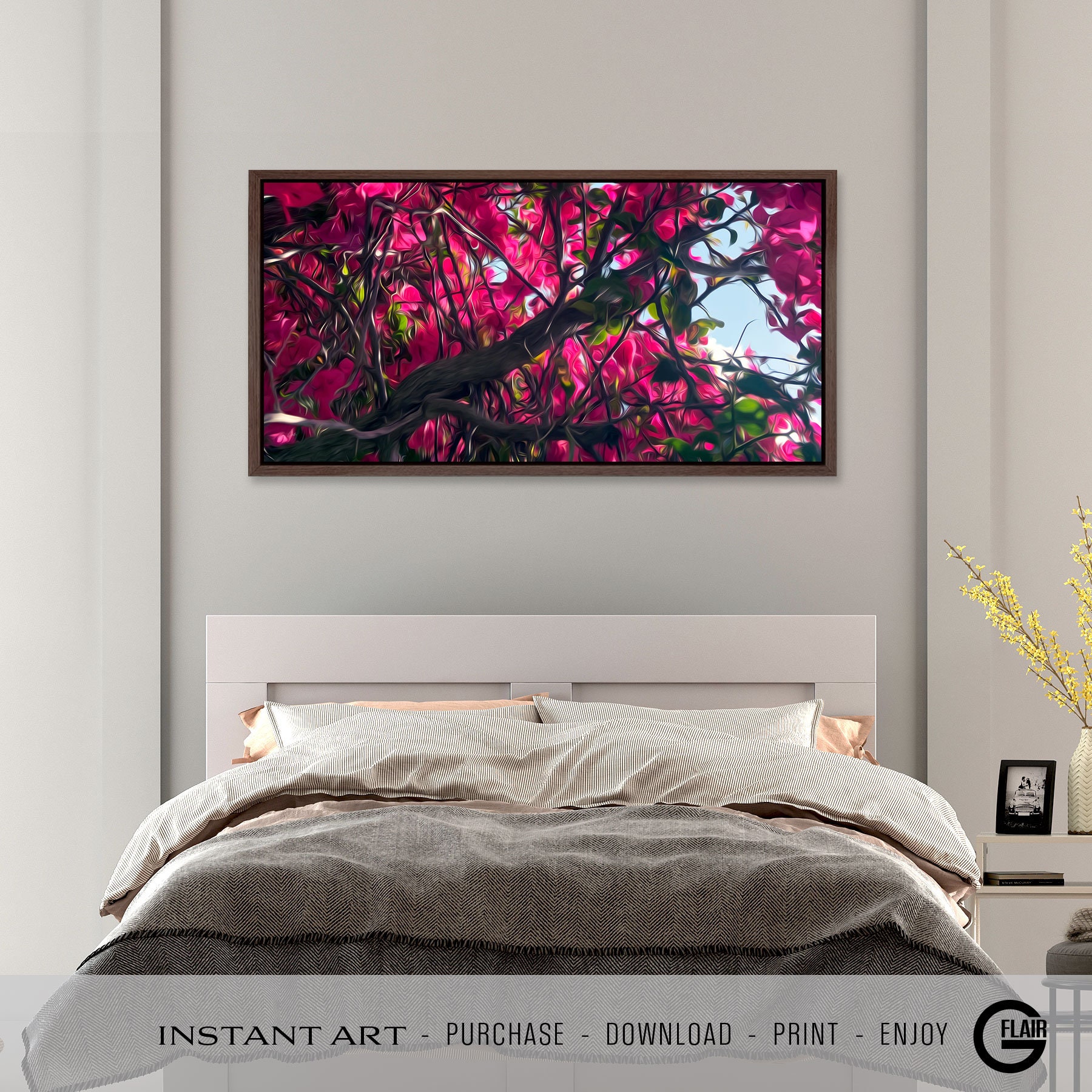 Printable Wall Art Modern Bright Pink Bougainvillea Blue Sky Colorful ...