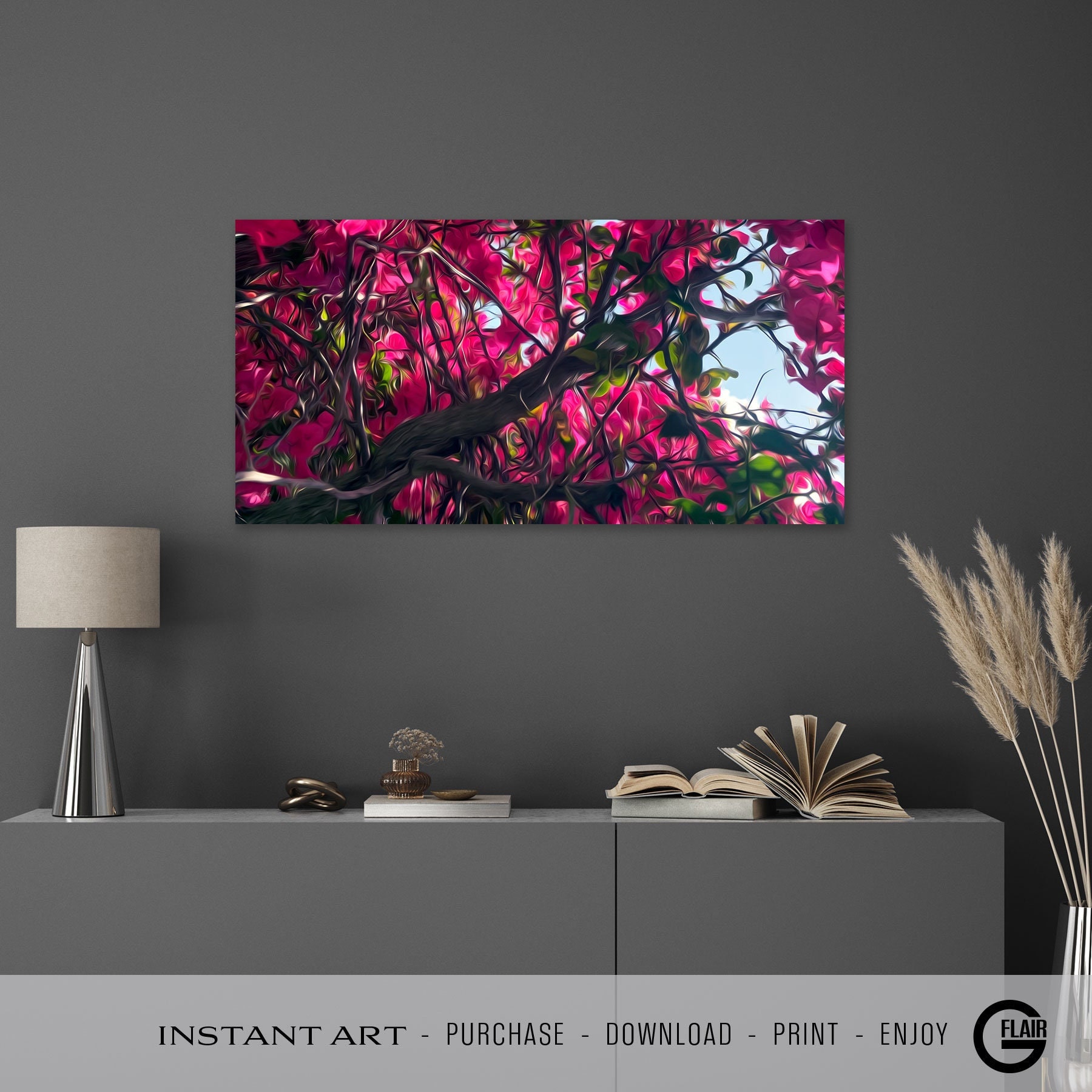 Printable Wall Art Modern Bright Pink Bougainvillea Blue Sky Colorful ...