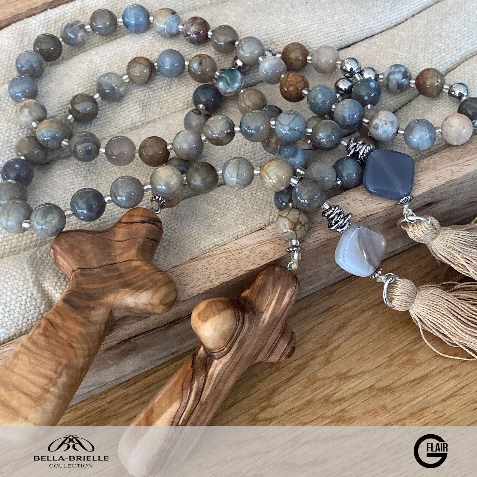 Blessing Beads With Olive Wood Cross and Genuine Agate Beads, Christian ...