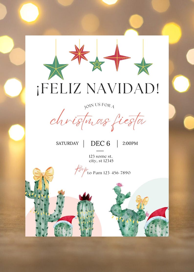 Christmas Fiesta Party Invitation: Feliz Navidad, Cactus Design ...