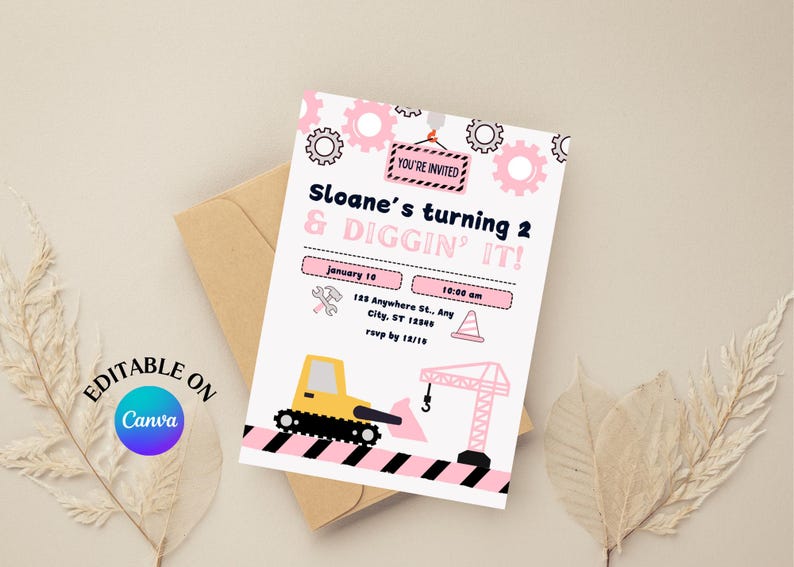 Dig Being 2 Pink Birthday Invitation, Girls Construction Birthday ...