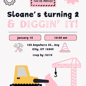 Dig Being 2 Pink Birthday Invitation, Girls Construction Birthday ...