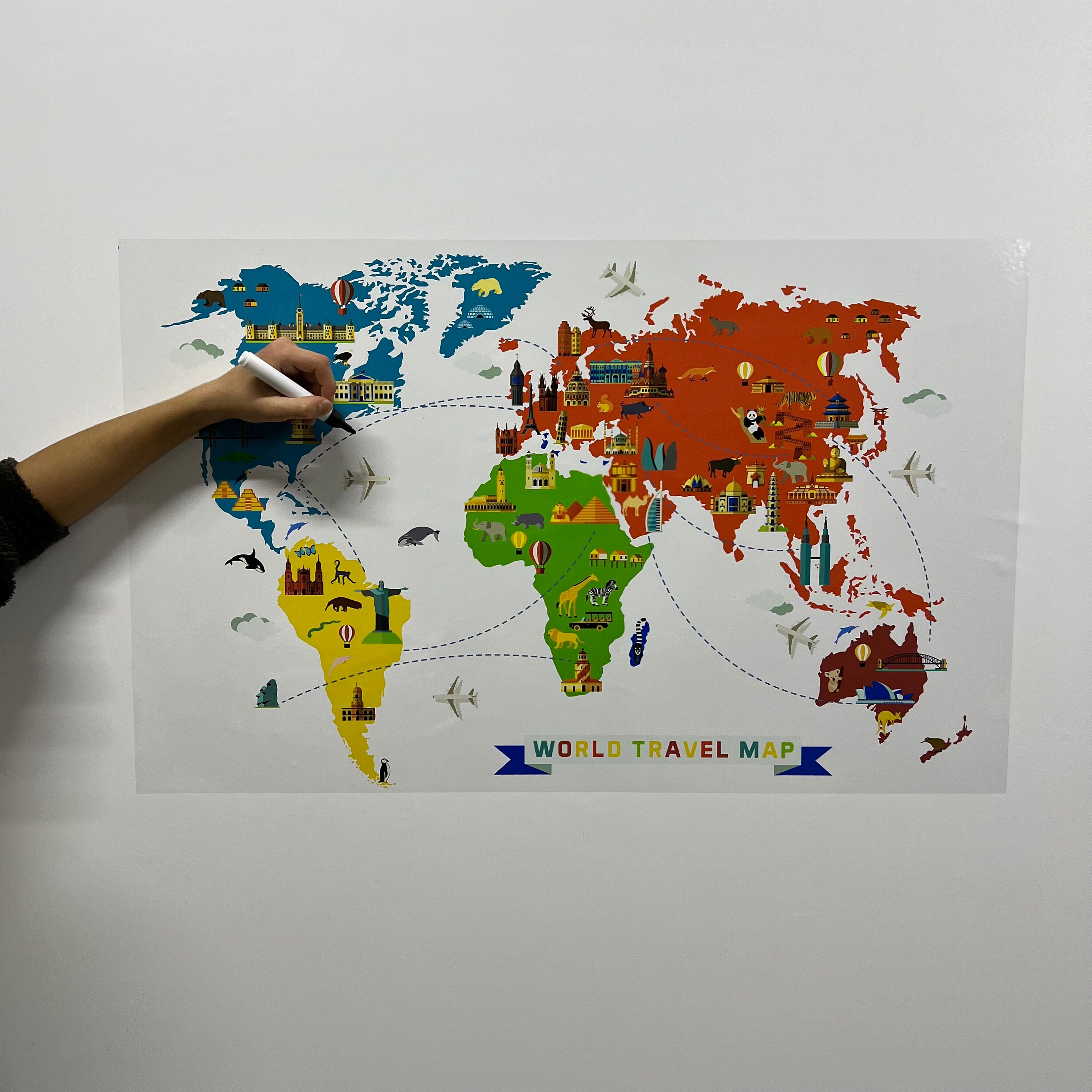 Colored World Travel Map for Kids Reusable World Map Wall Art, Home ...