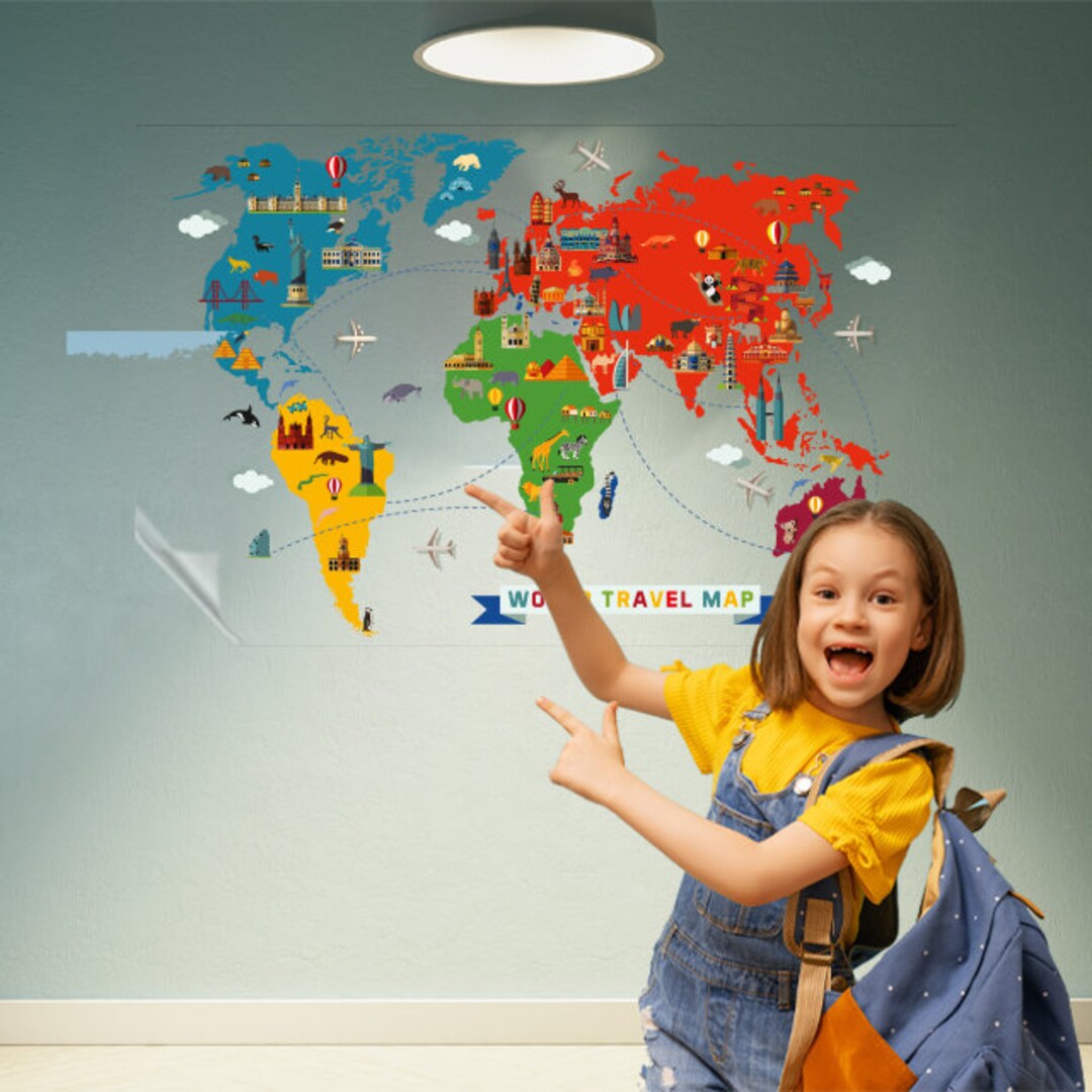 Colored World Travel Map for Kids Reusable World Map Wall Art, Home ...