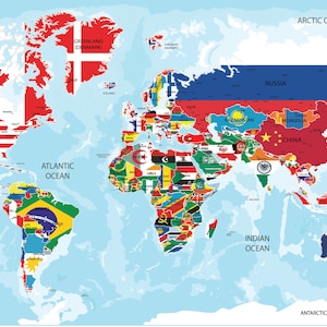 Colored World Map With Flags Reusable Travel Map, Home Decor Durable ...