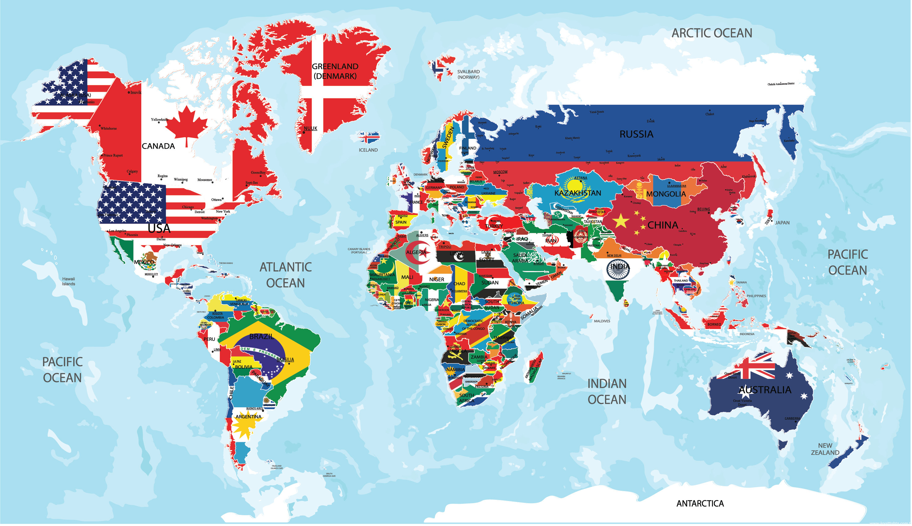 Colored World Map With Flags Reusable Travel Map, Home Decor Durable ...