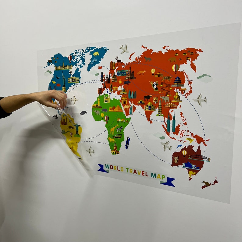Colored World Travel Map for Kids Reusable World Map Wall Art - Etsy