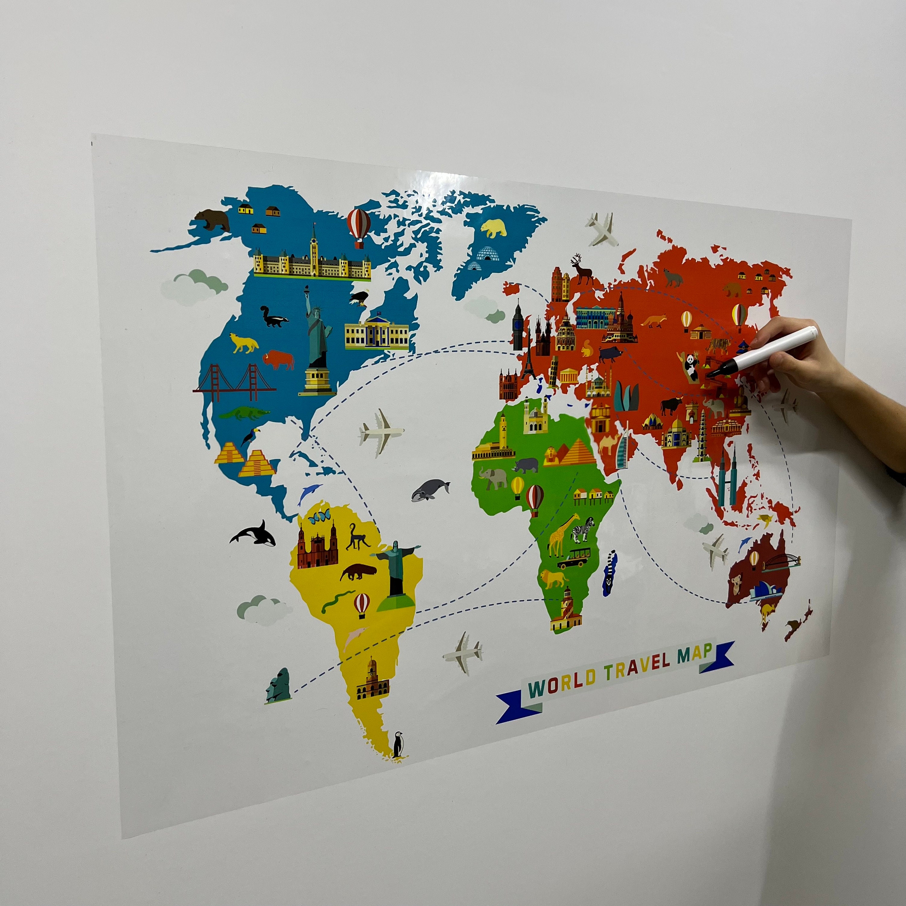 Colored World Travel Map for Kids Reusable World Map Wall Art, Home ...