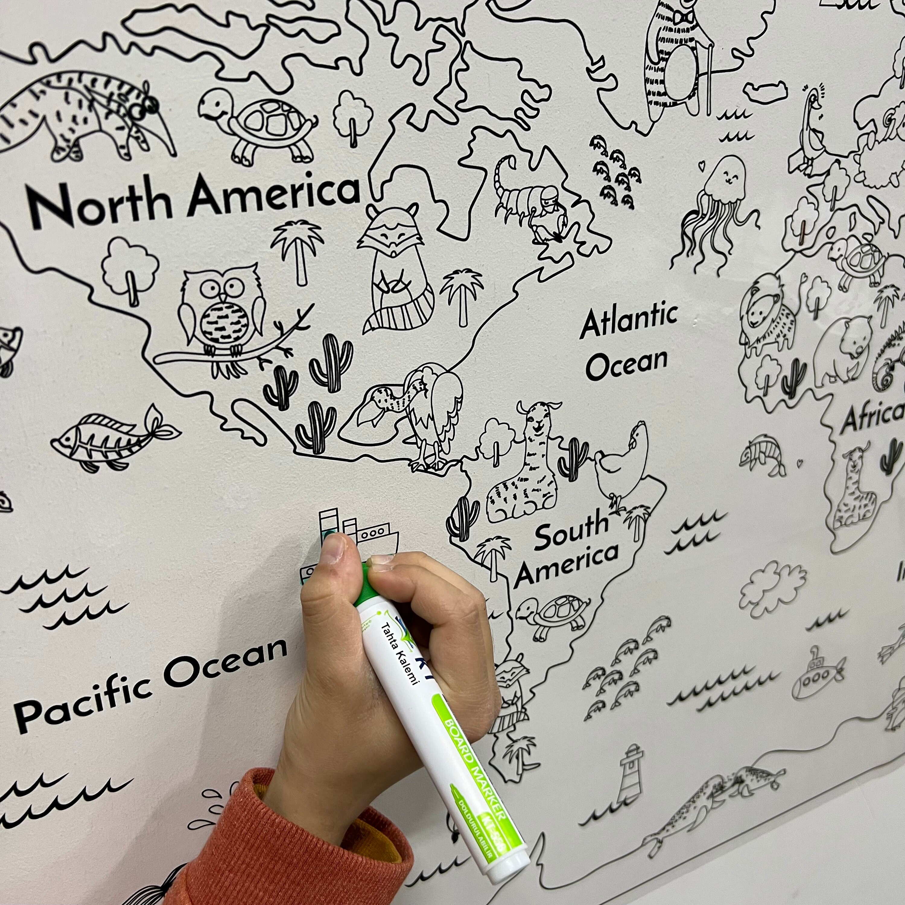 Dry Erase Animal Themed World Map Painting Activity Decal Personalized ...