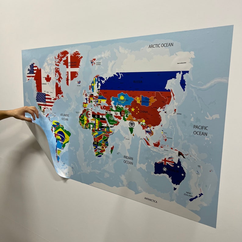 Colored World Map With Flags Reusable Travel Map, Home Decor Durable ...