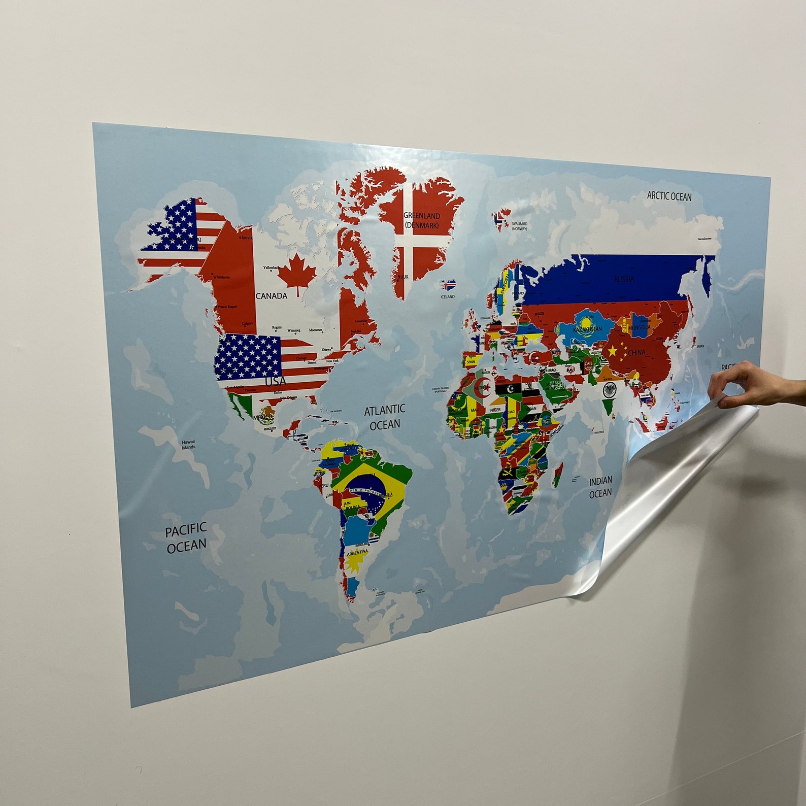 Colored World Map With Flags Reusable Travel Map, Home Decor Durable ...