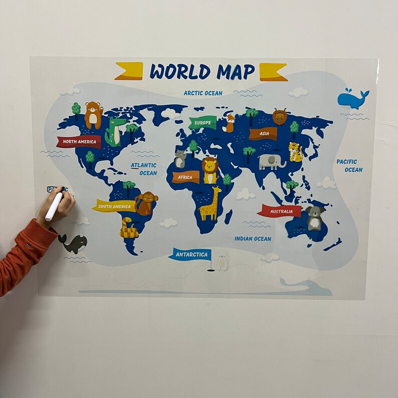 Transparent Color Animal Themed World Map for Kids Reusable Travel Map ...