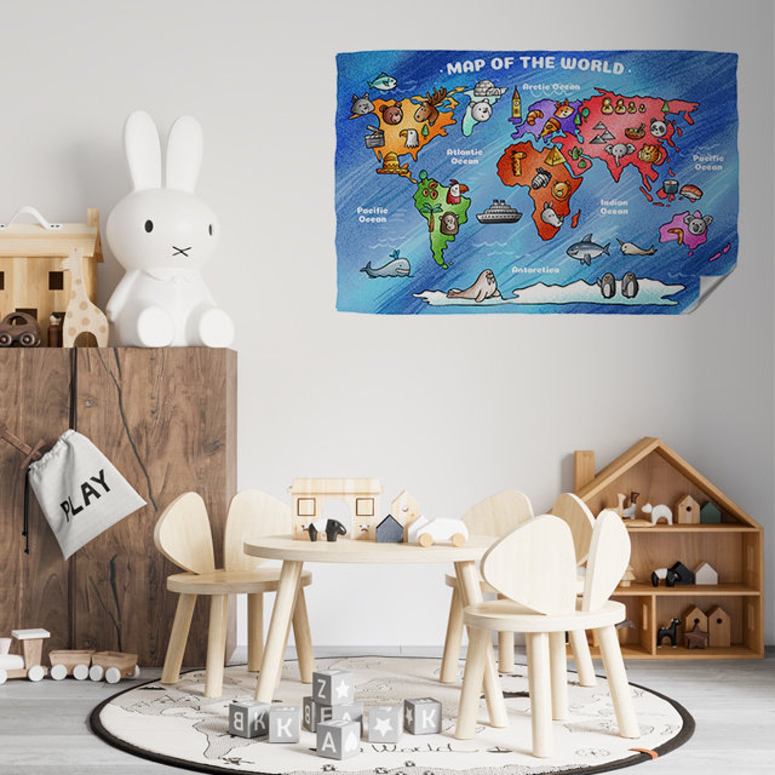 Colorful World Map for Kids Reusable Travel Map, World Map Wall Art ...