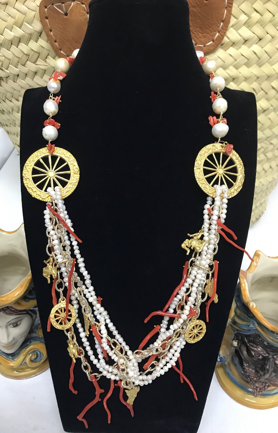 Sicilian Necklace With Pearls, Corals and Zama Charms. Lively Necklace ...